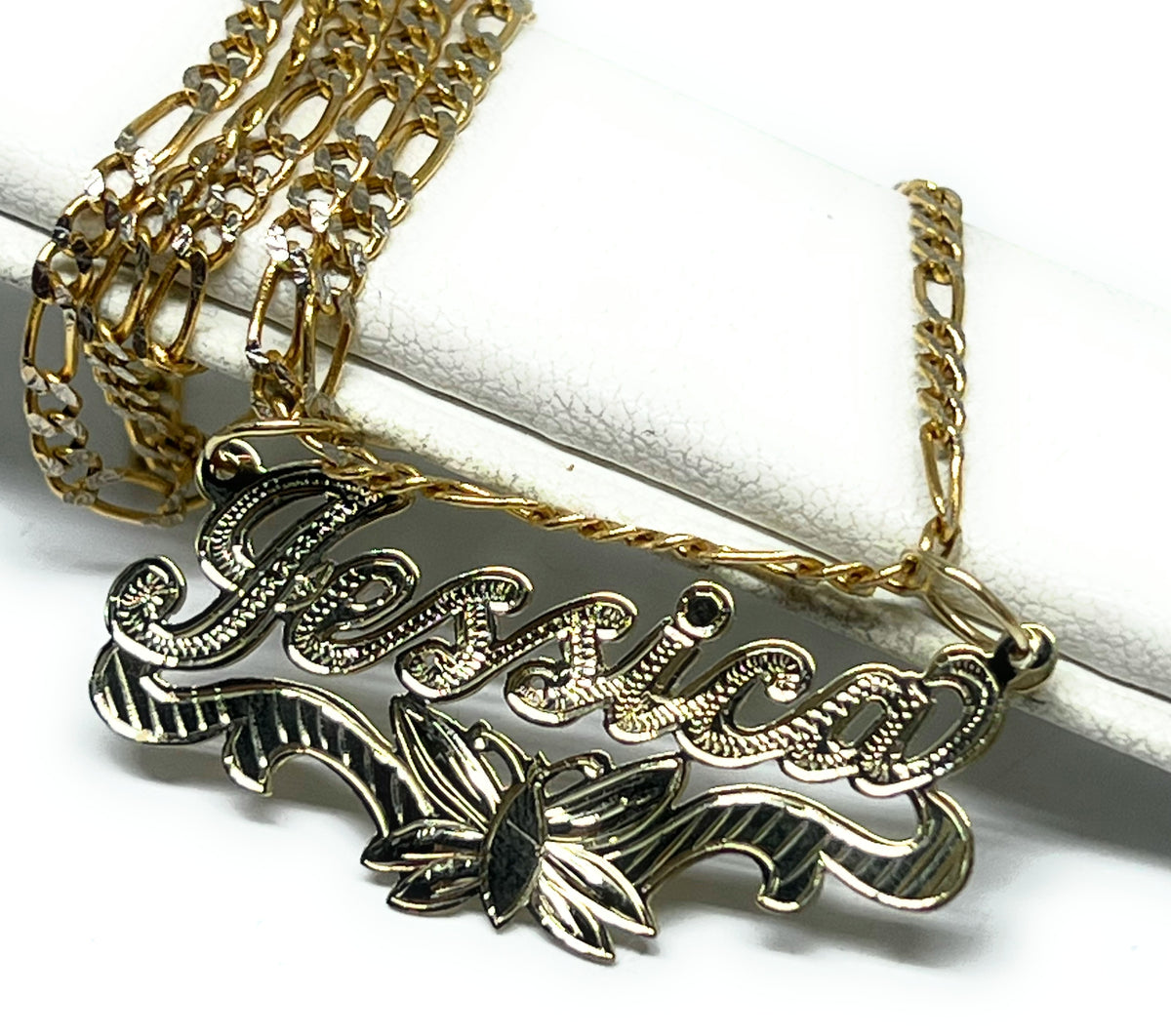 14k Solid Gold Yellow ENGRAVED Cursive Butterflies Custom Nameplate Pe ...