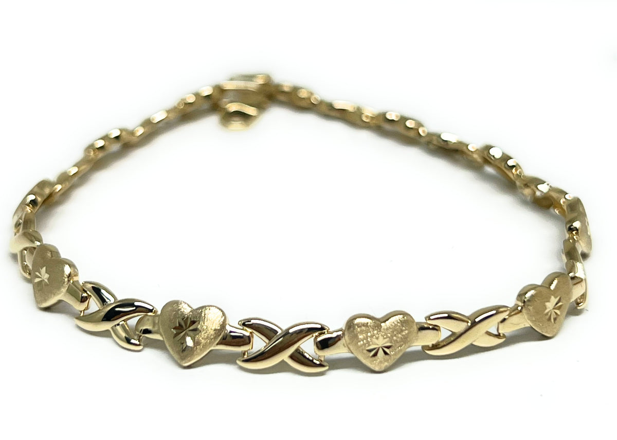 10k Solid Gold XOXO HUGS & KISSES HEARTS Brracelet 7-8 inch (SEMI-HOLL ...