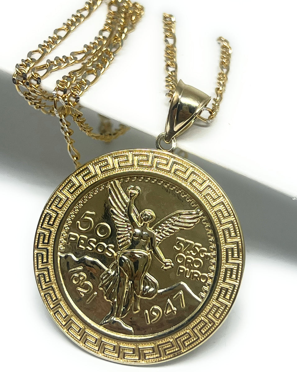 14k Solid Gold Mexican Cenntenario MEANDROS BORDER Pendant Necklace (L ...