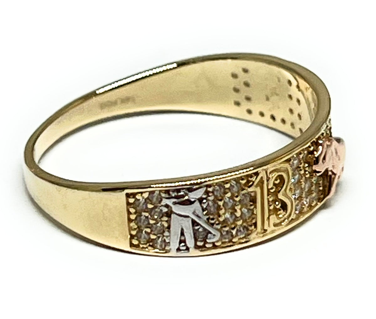 14k Solid Gold Yellow Tri-Color Lucky Symbols Band CZ Ring Suerte (FC ...
