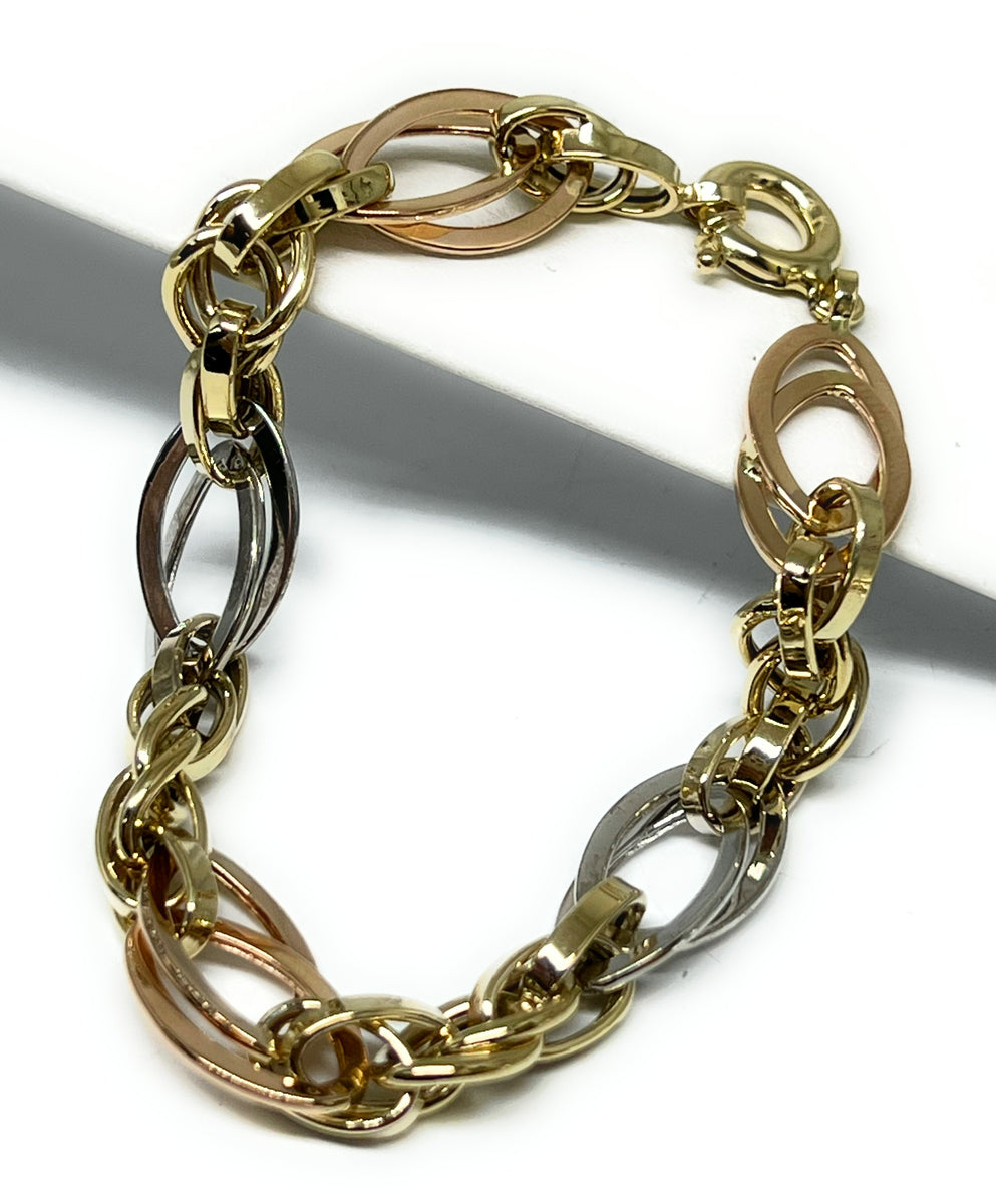 14k Solid Gold TRI-COLOR OVAL HOOP LINK 7.5 INCH BRRACELET (SEMI-HOLLO ...