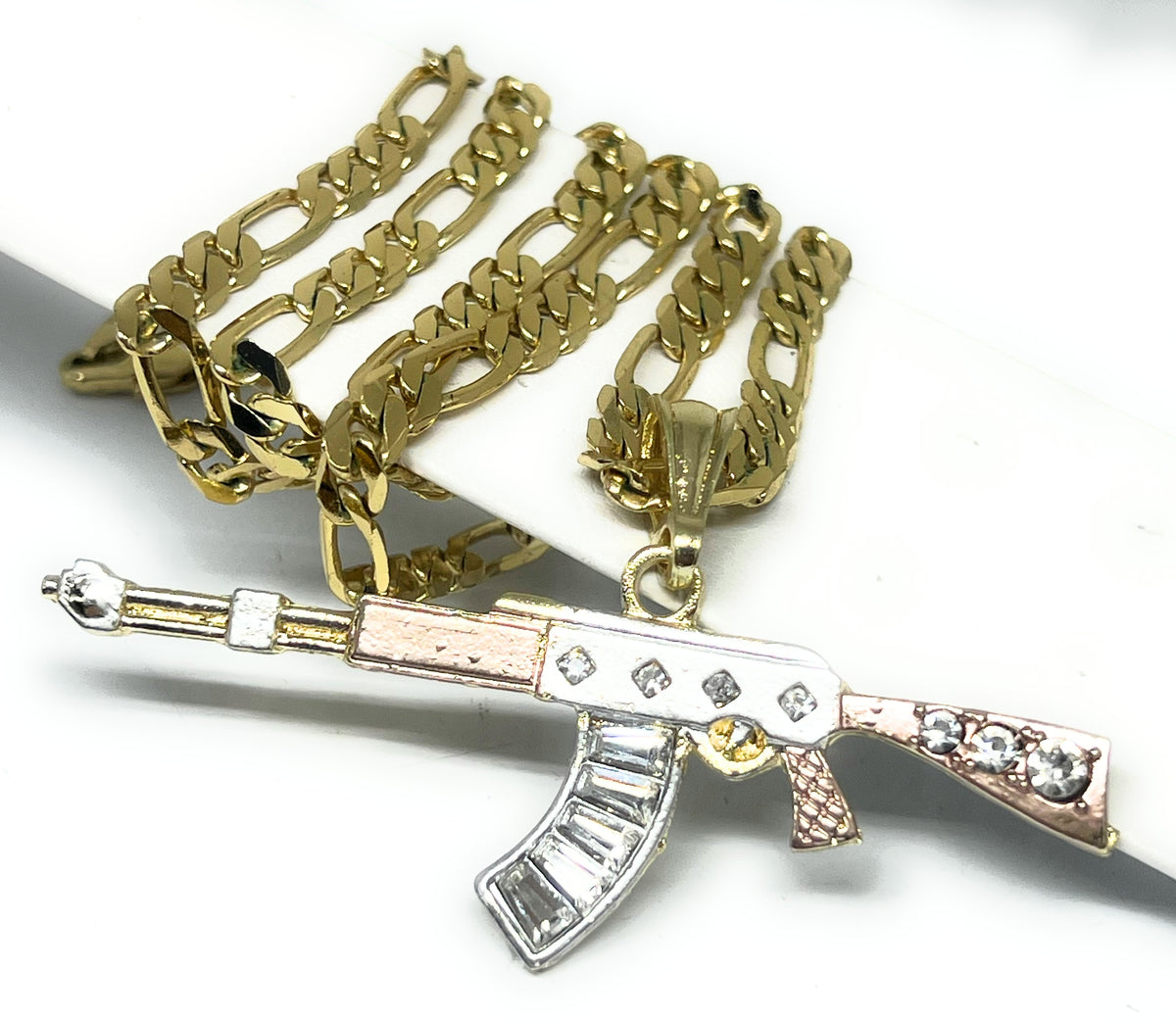 Gold Plated Ak-47 Machine Gun CZ Pendant 26 INCH FIGARO CHAIN 5MM ...