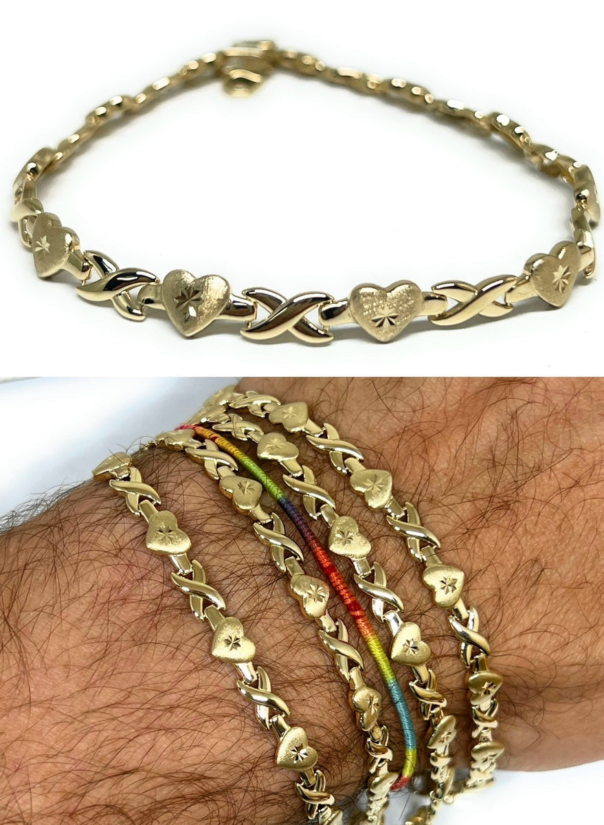 14k Solid Gold XOXO HUGS & KISSES HEARTS Brracelet 7-8 inch (SEMI-HOLL ...
