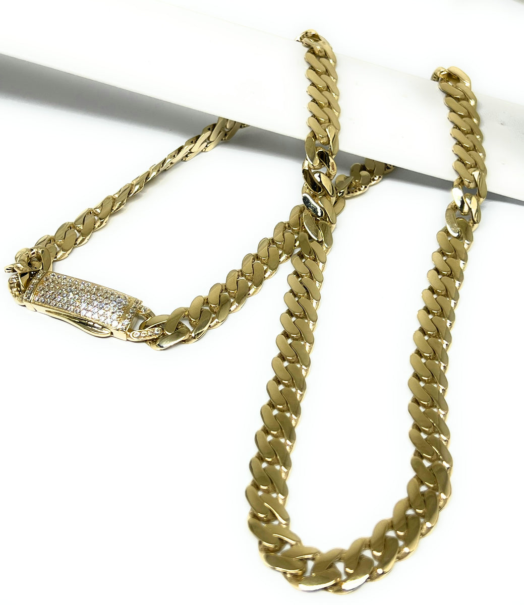 14k Solid Gold Miami Cuban Link Chain 18-24 inches 9mm CZ Lock (Semi-H ...