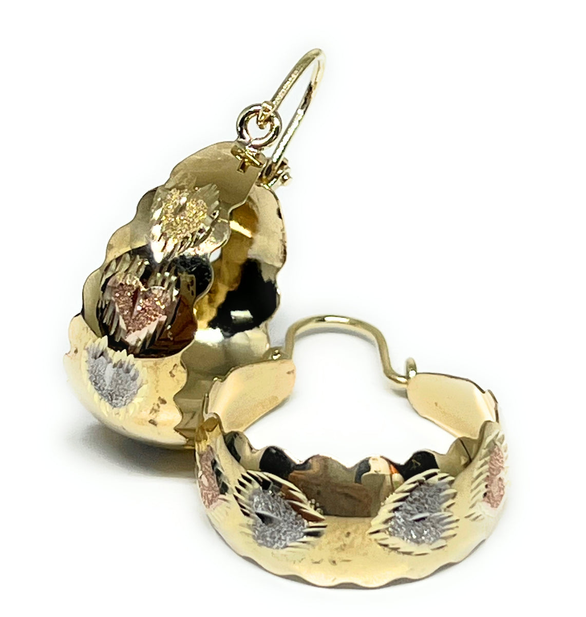 14k Solid Gold Tri-Color Heart Basket GROOVED Earrings Aracadas (SM,ME ...