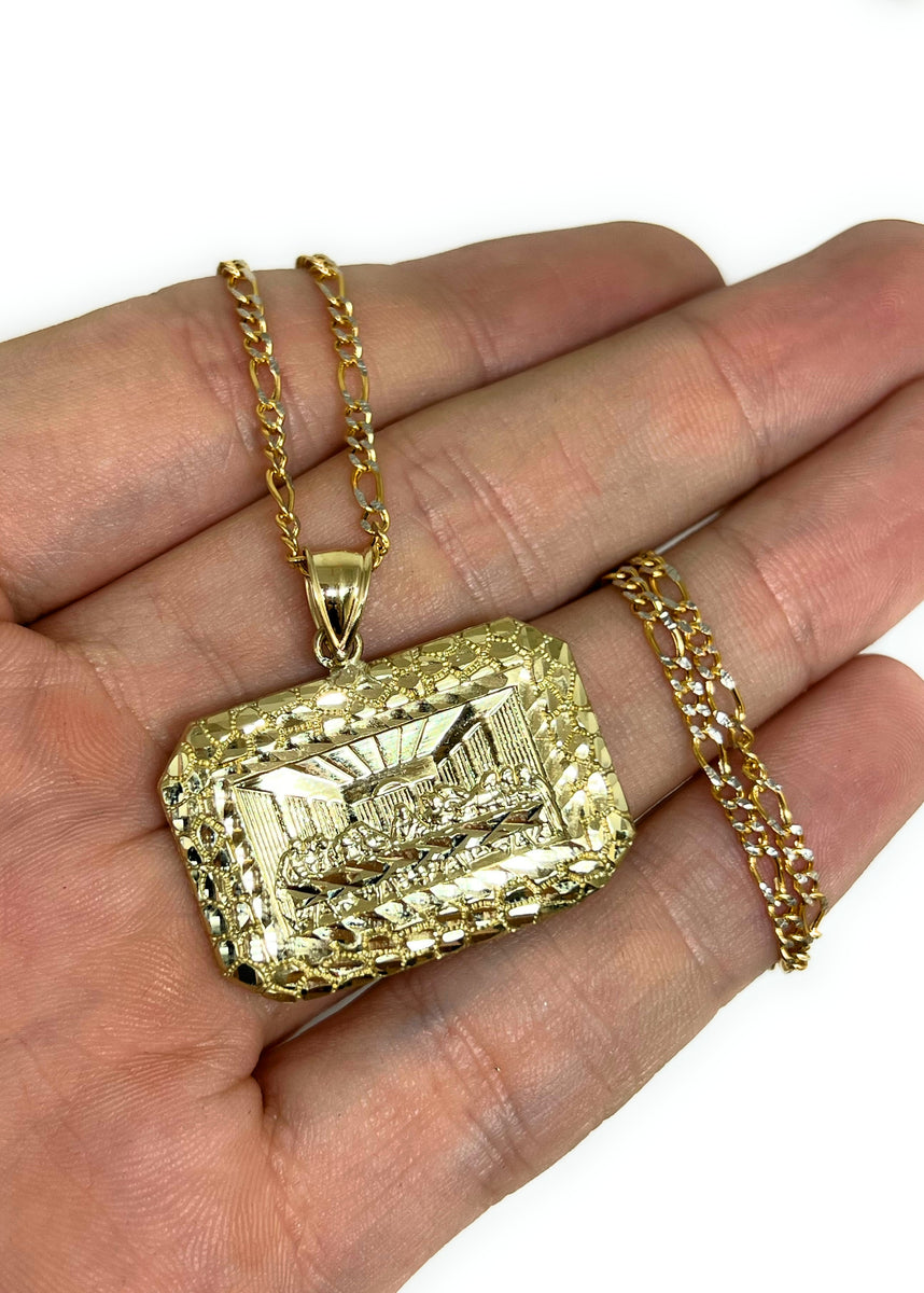 10k Solid Gold Yellow Jesus Last Supper NUGGET BORDER Rectangle Pendan ...