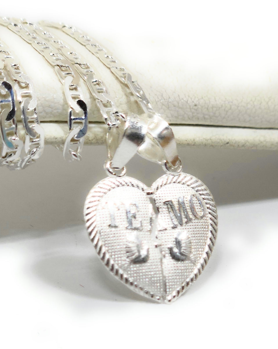 .925 Silver "TE AMO" SMALL HEART SPLIT Pendant Necklace (MADE IN MX ...