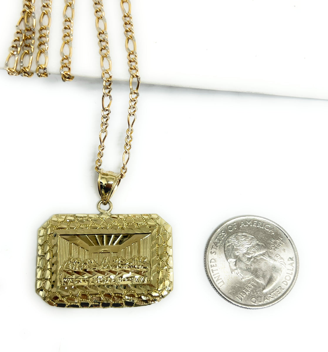 10k Solid Gold Yellow Jesus Last Supper NUGGET BORDER Rectangle Pendan ...