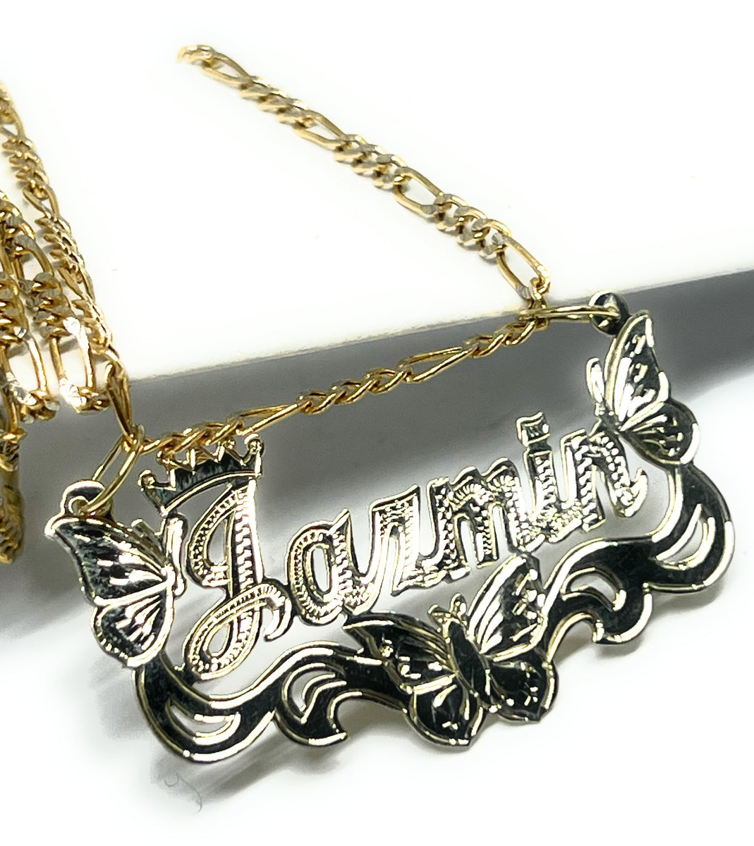 14k Solid Gold Yellow ENGRAVED Cursive BUTTERFLIES + CROWN Custom Name ...