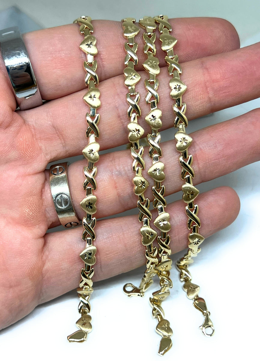 14k Solid Gold XOXO HUGS & KISSES HEARTS Brracelet 7-8 inch (SEMI-HOLL ...