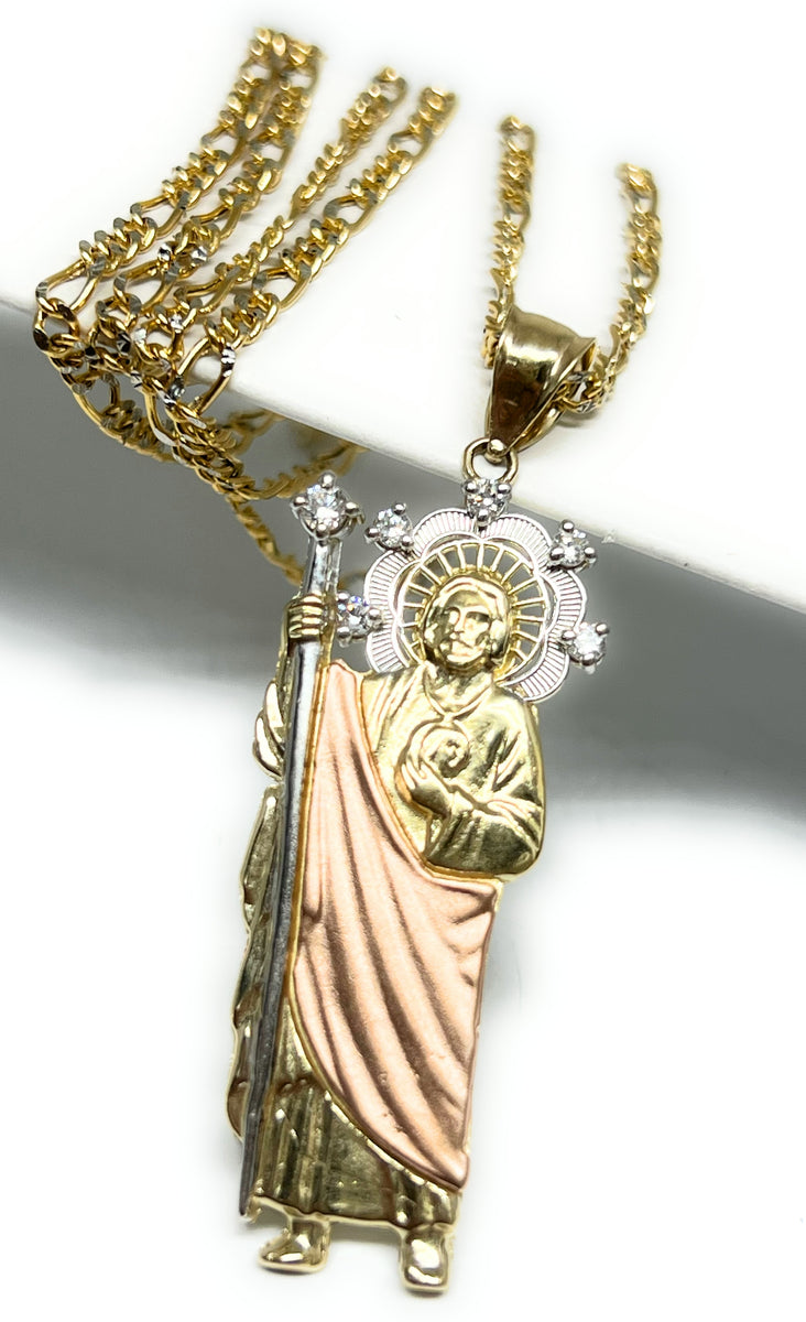 10k Solid Gold Tri-Color San Judas Saint Jude Pendant Necklace with ...