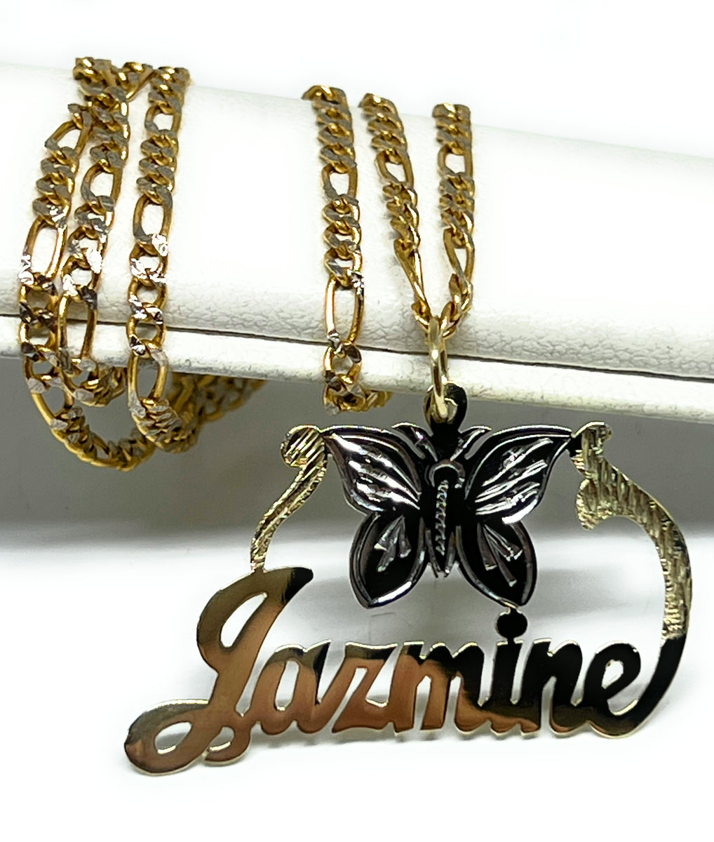 10k Solid Gold Custom Cursive Butterflies Nameplate Pendant Necklace w ...
