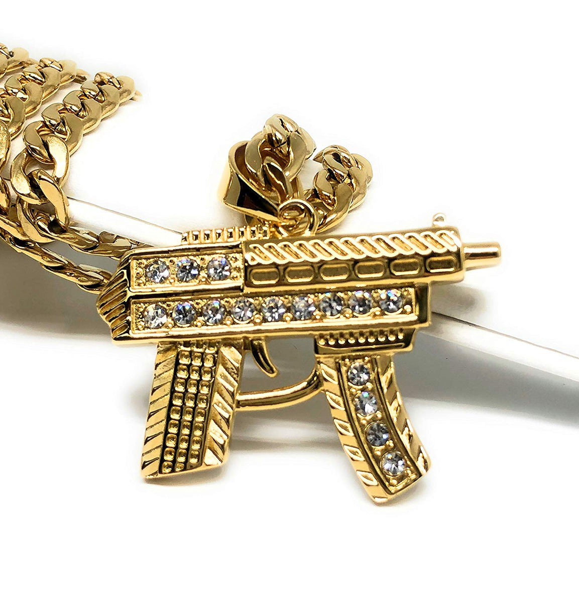 Men's Hip Hop Gold Plated Iced Out Uzi Machine Gun Pendant Necklace 30 ...
