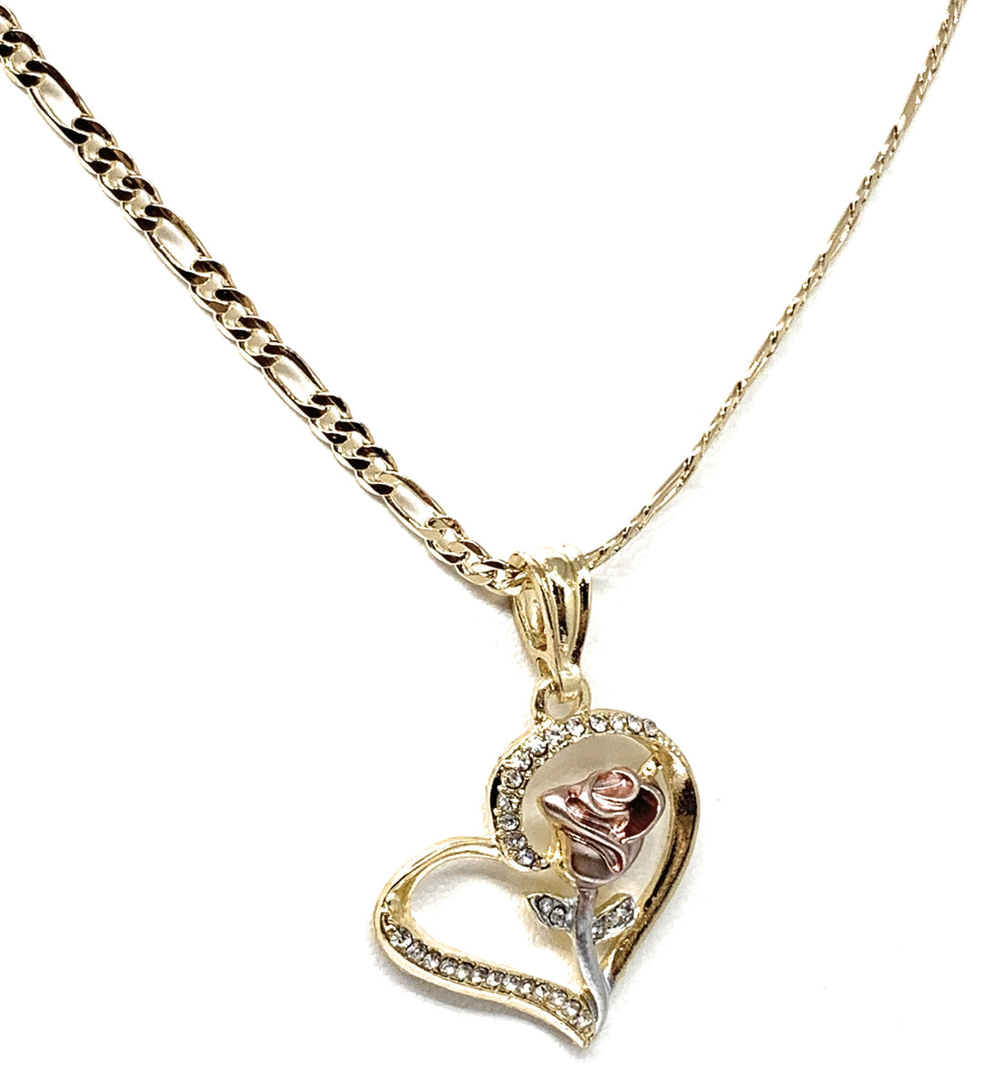 Gold Plated Tri-Color Heart Rose CZ Pendant Necklace Chain 24” – Fran ...