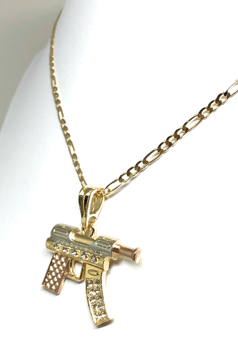 Men's Hip Hop Gold Plated Machine Gun Pendant Necklace 24" Figaro Chai ...