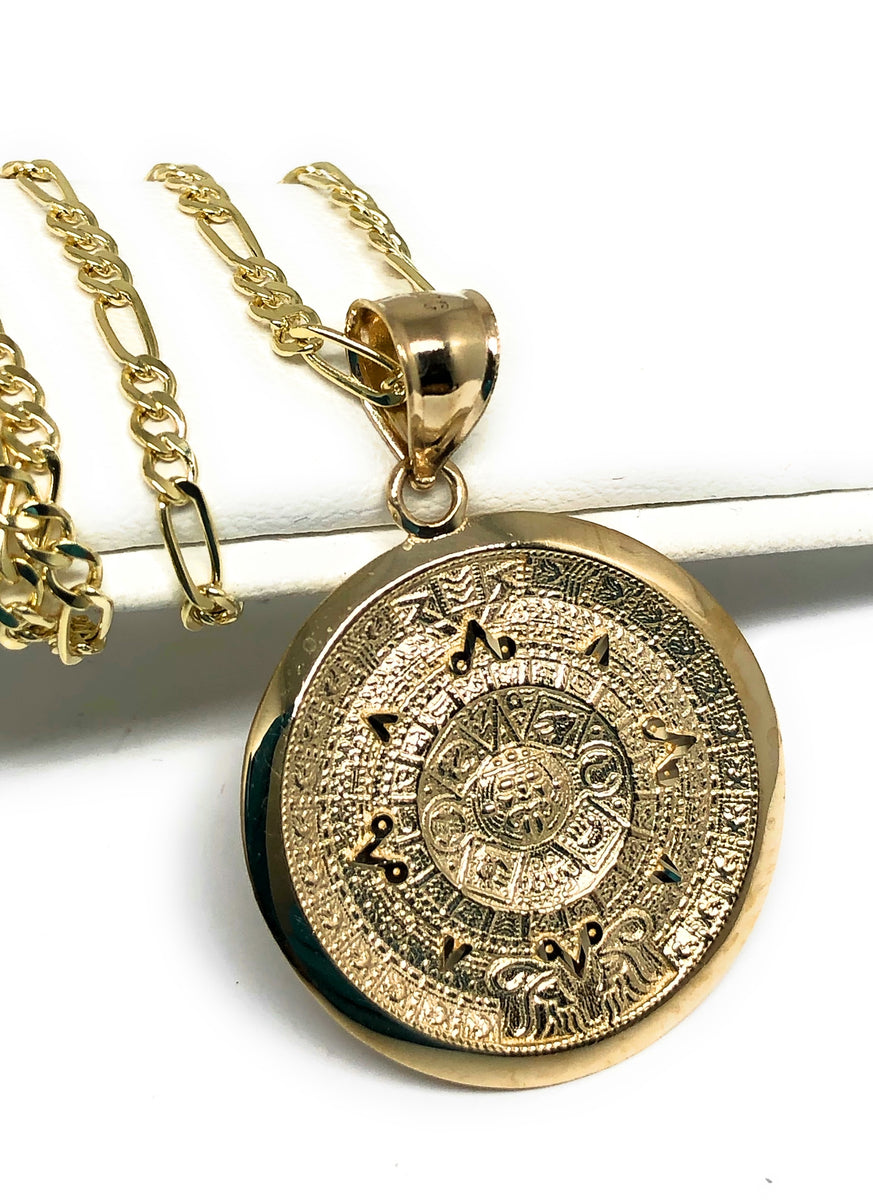 14k Solid Gold Yellow Mexican Aztec Calendar Pendant Necklace with Fig ...