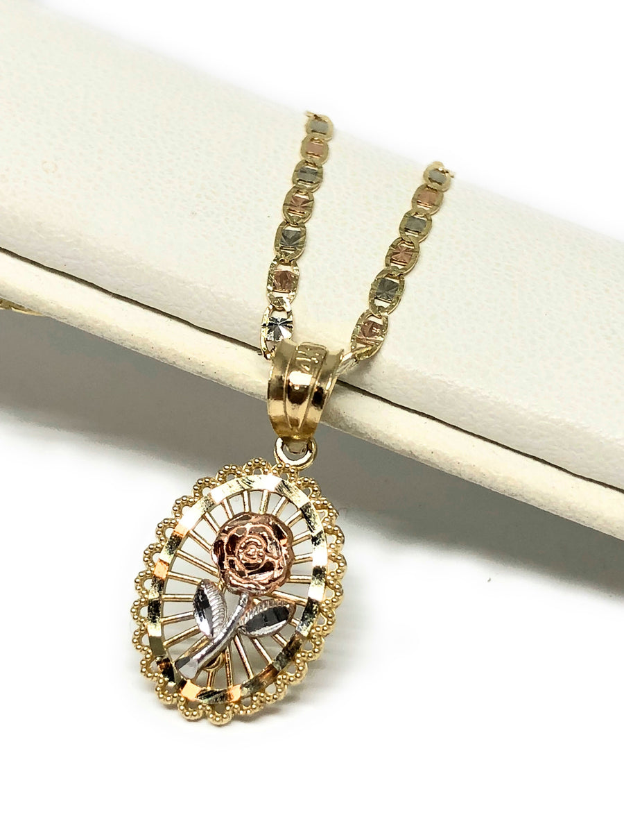 14k Solid Gold Tri-Color Flower Pendant Necklace Tri-Color Valentina C ...