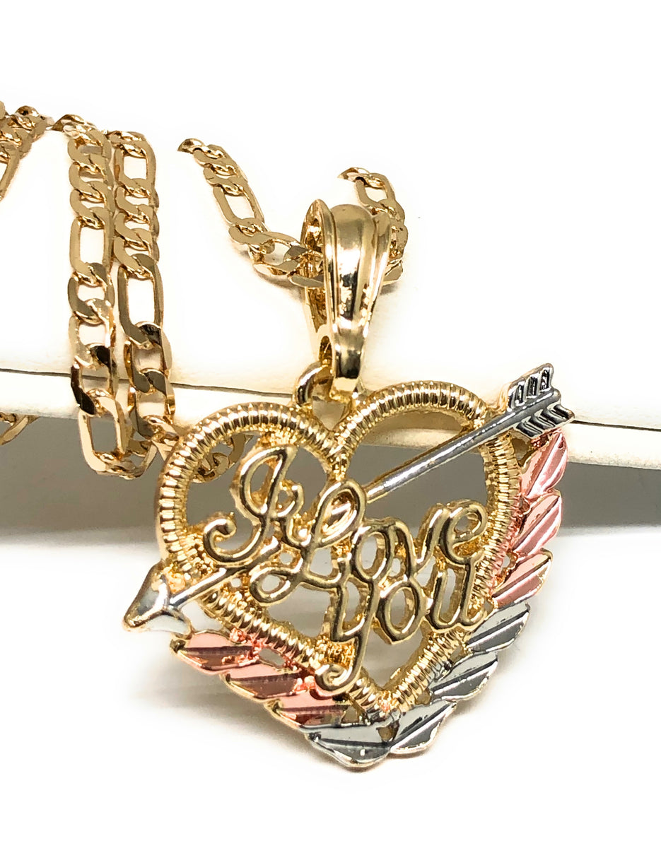 Gold Plated Tri-Color Heart "I Love you" Pendant Necklace Chain 24” Co ...