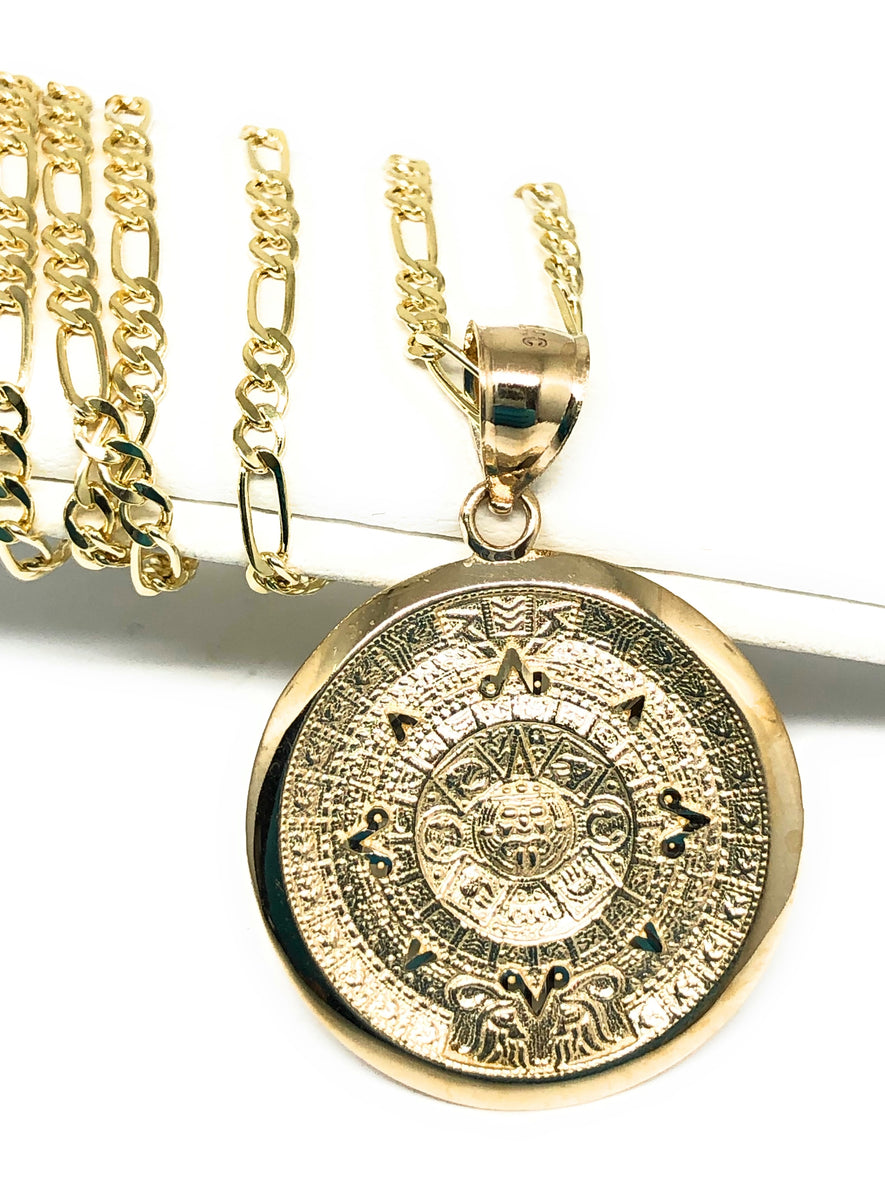 14k Solid Gold Yellow Mexican Aztec Calendar Pendant Necklace with Fig ...