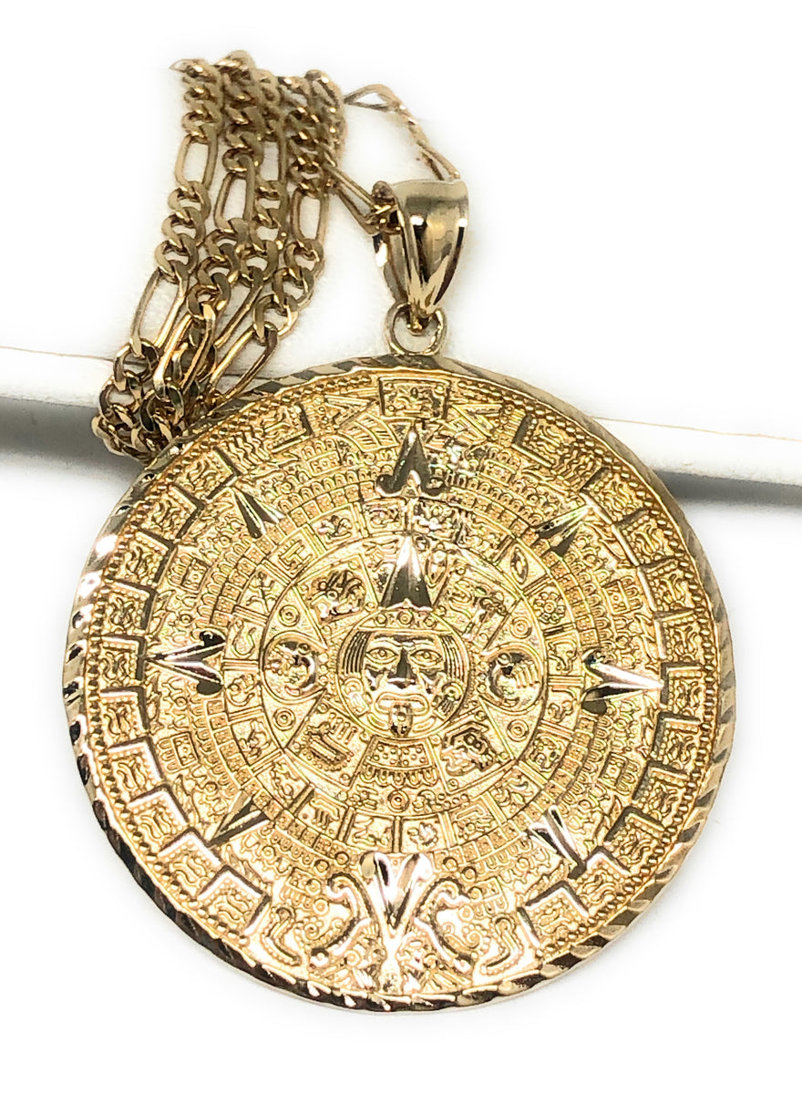 10k Solid Gold Yellow Mexican Aztec Calendar Pendant Necklace (10.5g ...