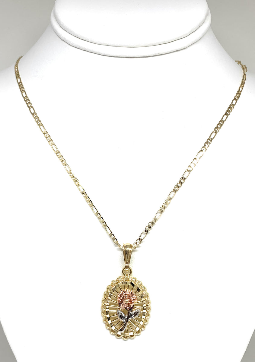 Gold Plated Tri-Color Rose Filigran Pendant Necklace Chain 24” Flor Pe ...