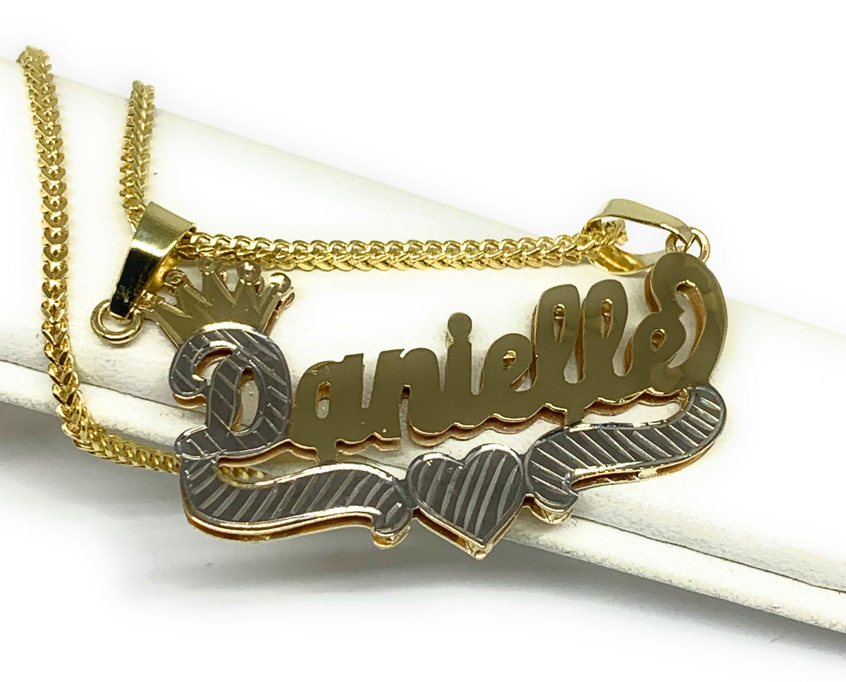 14k Solid Gold Yellow & White Custom CROWN CURSIVE WITH HEARTS 3D DOUB ...