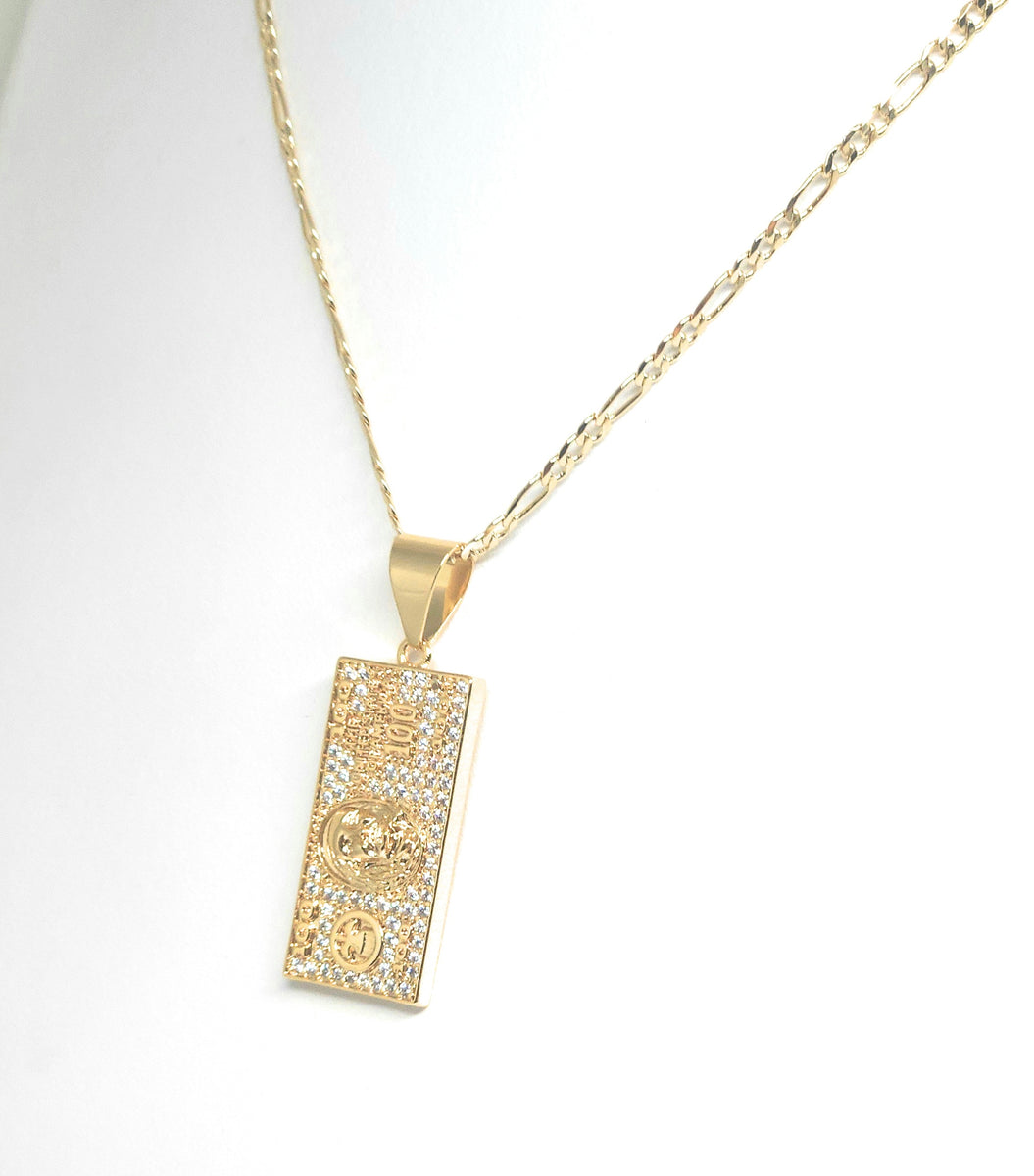 Gold Plated Iced Out CZ 100 DOLLAR BILL Pendant 24" FIGARO Chain – Fran ...