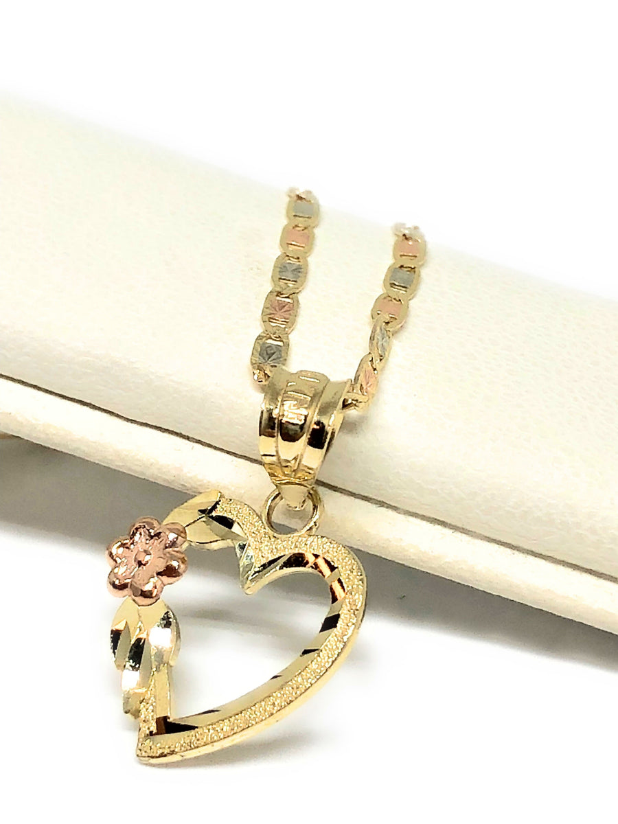14k Solid Gold Tri-Color Heart Flower Pendant Necklace Tri-Color Valen ...