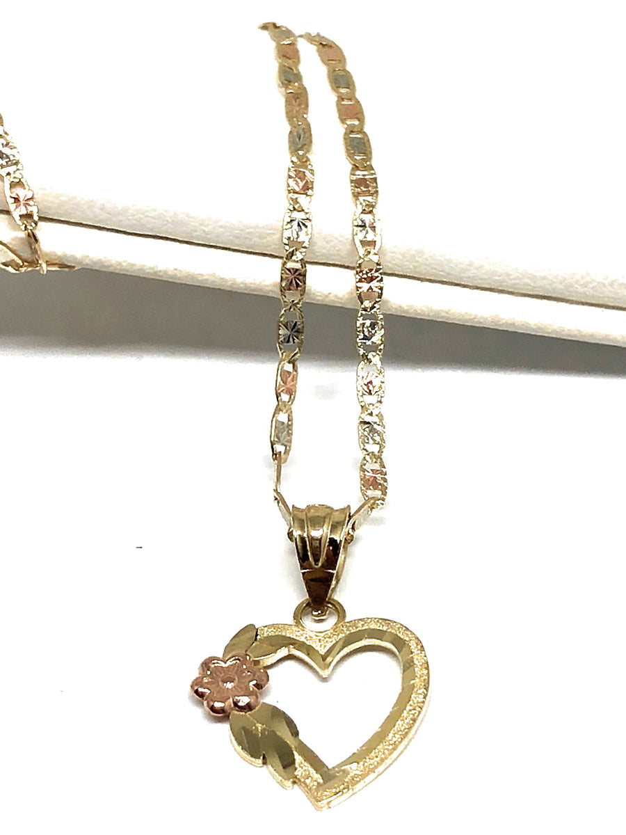 14k Solid Gold Tri-Color Heart Flower Pendant Necklace Tri-Color Valen ...